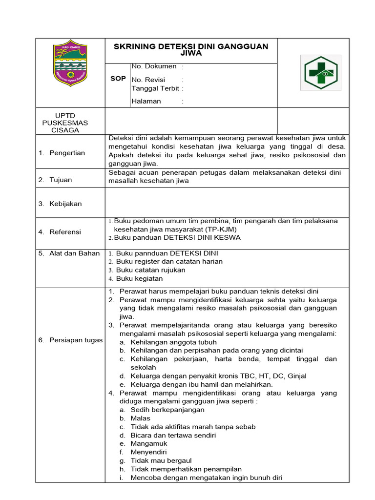 Sop Skrining Deteksi Dini Gangguan Jiwa | PDF Sop Skrining Deteksi Dini Gangguan Jiwa | PDF
