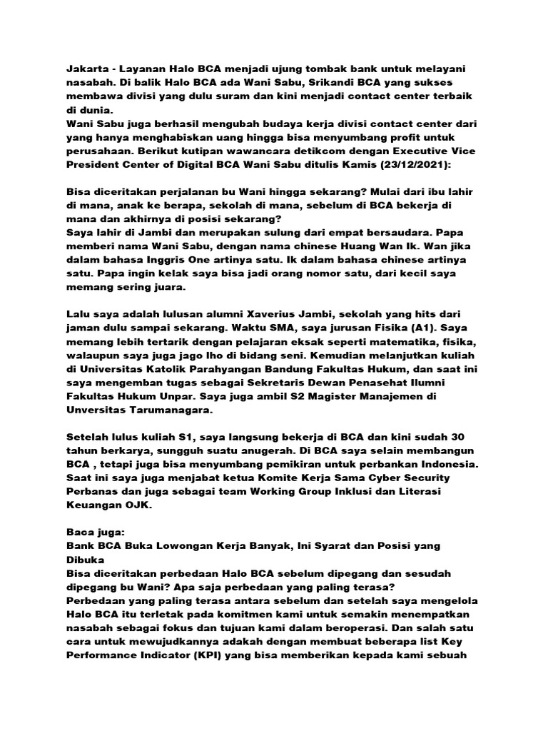 Wani Sabu: Transformasi Halo BCA | PDF