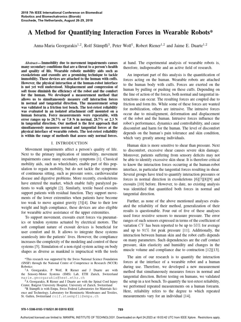 A Method For Quantifying Interaction Forces in Wearable Robots | PDF | Force | Wearable Technology
