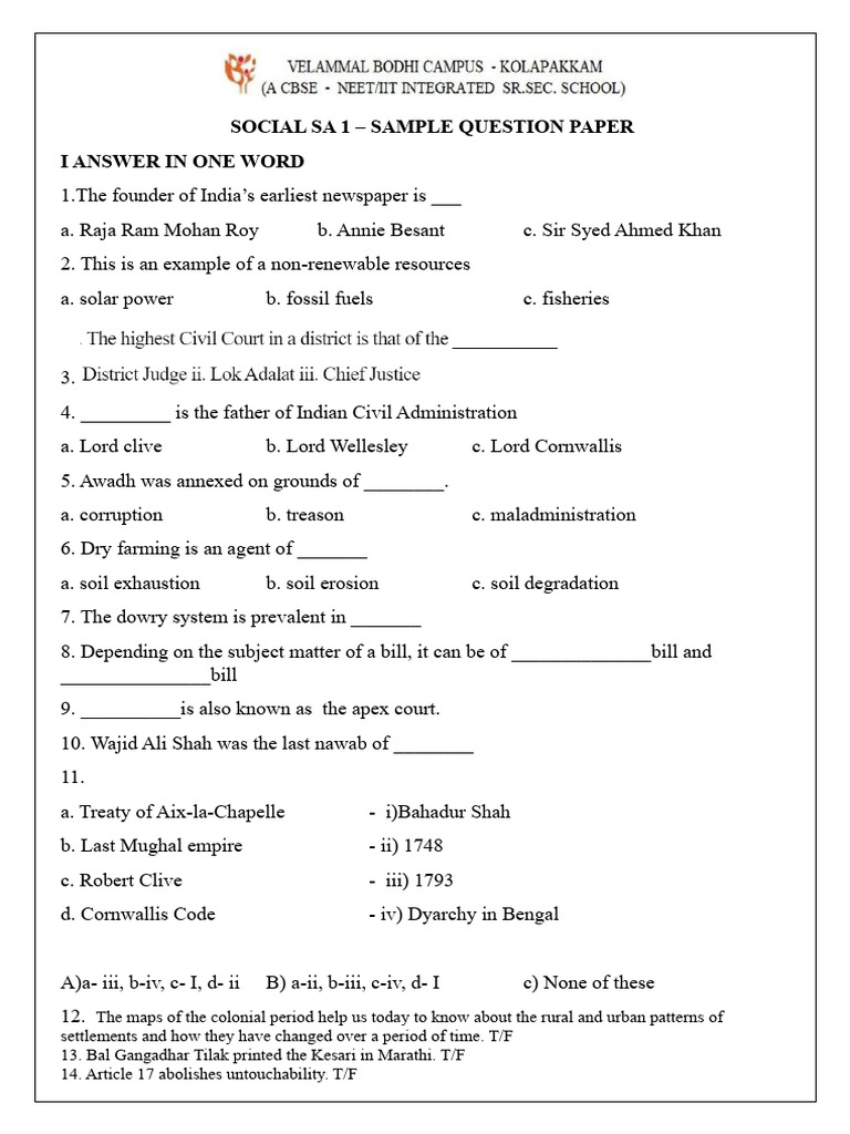 Grade 8 Social Sample QP | PDF | British Raj | Indian Rebellion Of 1857