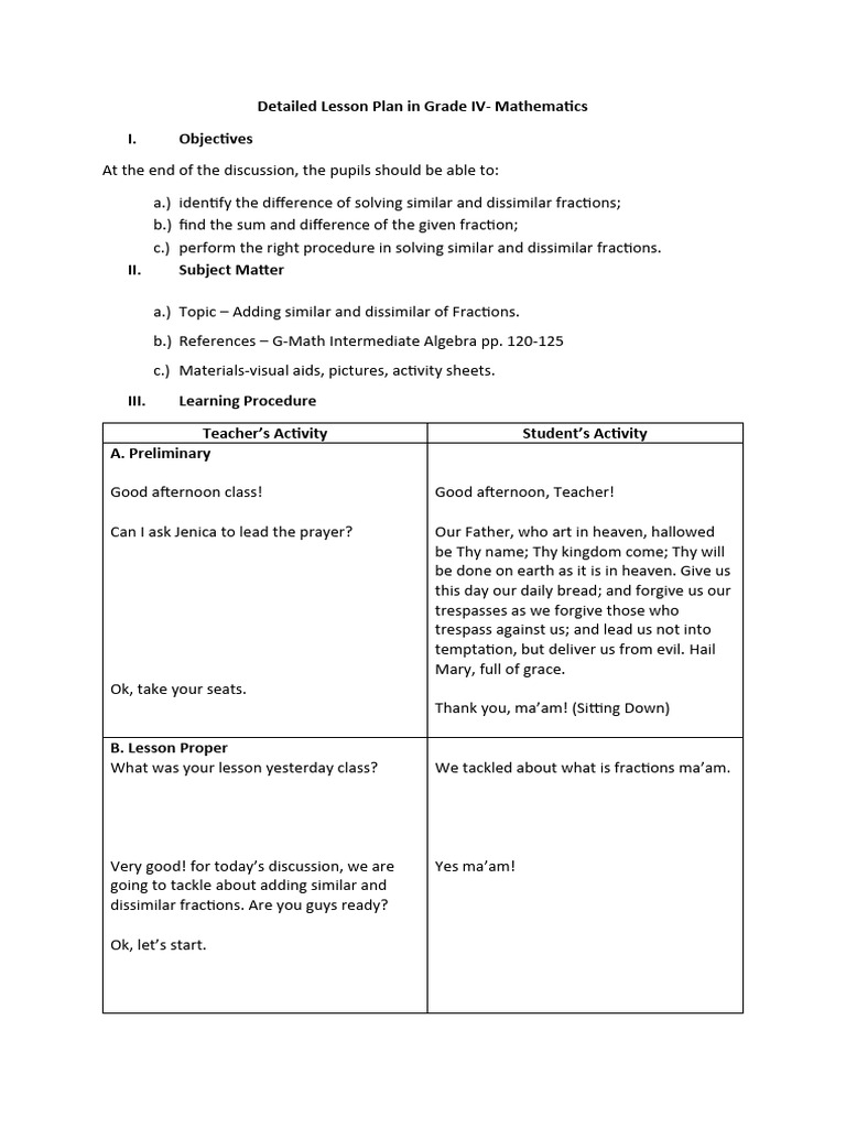 Detailed Lesson Plan in Grade IV-Mathematics | PDF | Mathematics
