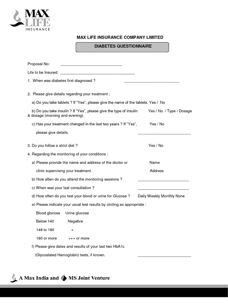 Diabetes Questionnaire for Life Insurance | PDF | Diabetes | Glycated ...