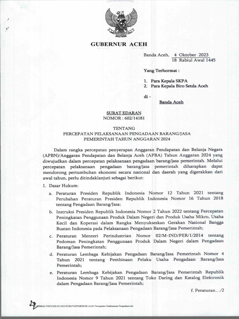 Surat Percepatan Tender 2024 | PDF