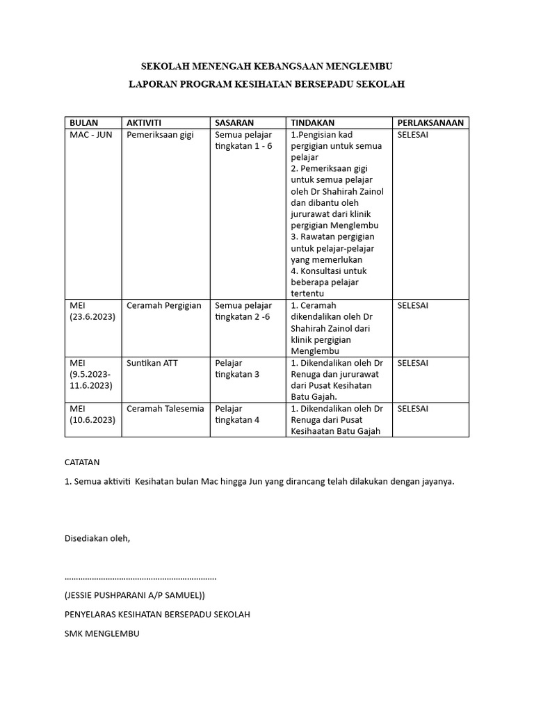 Program Kesihatan SMK Menglembu | PDF