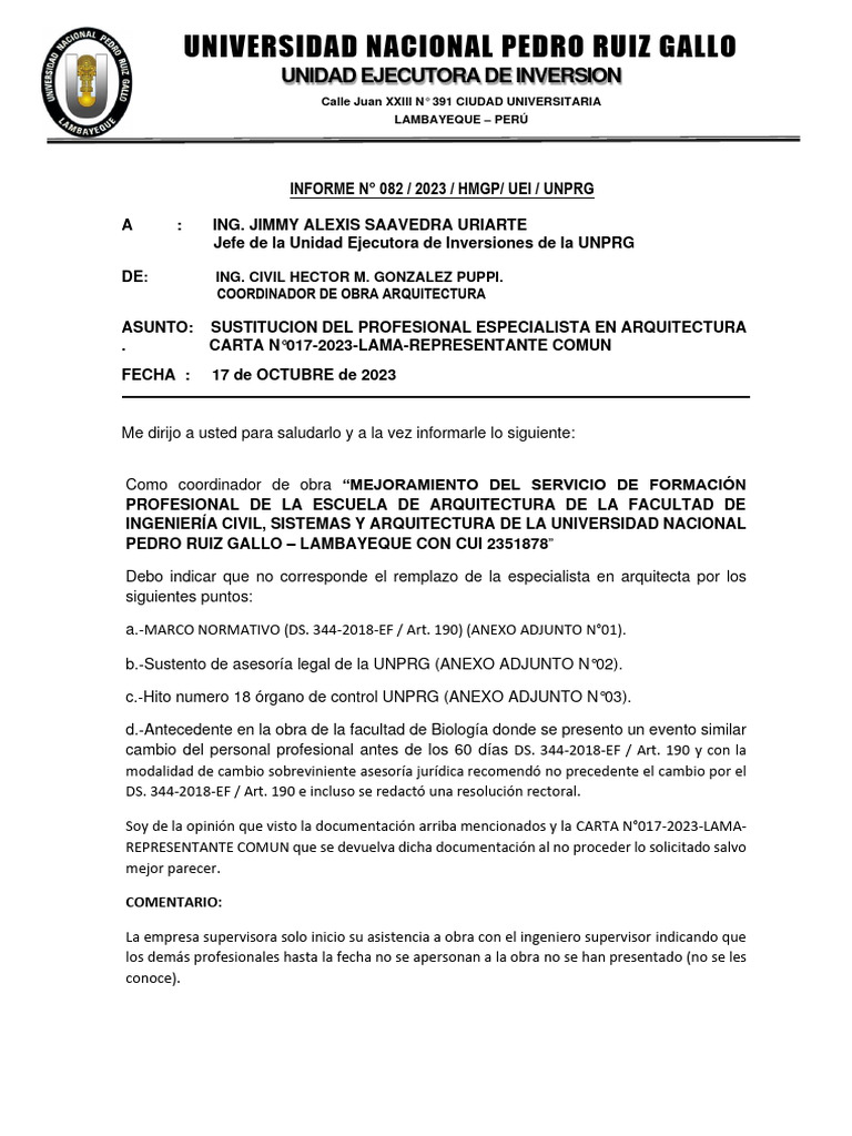Informe N°082 2023 Cambio de Profesional Arquitecto | PDF