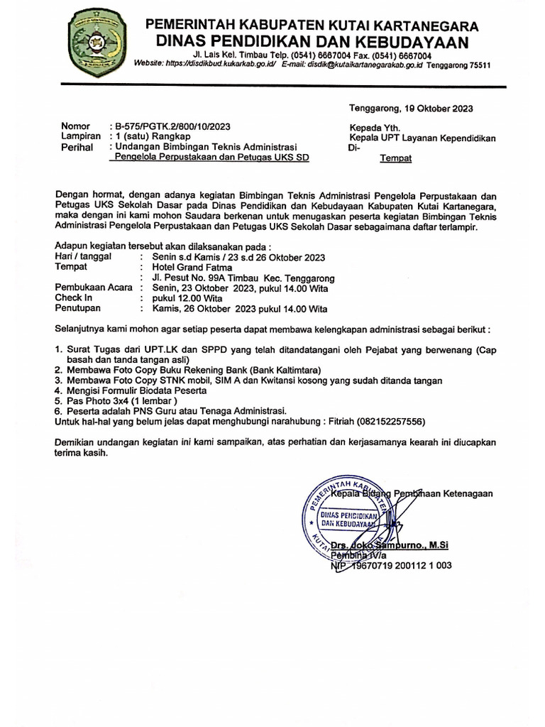 Undangan Kegiatan Bimbingan Teknis Admin | PDF