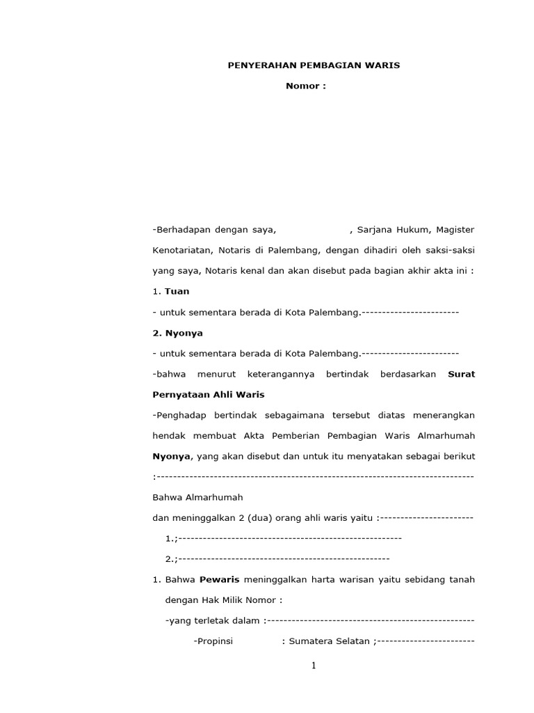 Draft Akta Penyerahan Pembagian Waris | PDF