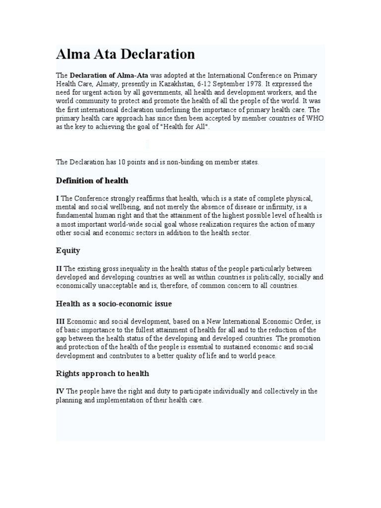 Alma Ata Declaration | Health Sciences | Medical