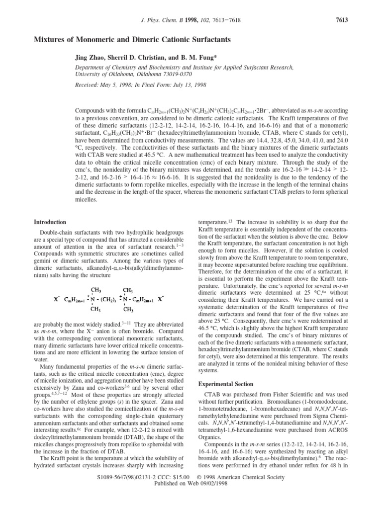 Mixtures of Monomeric and Dimeric Cationic Surfactants: Jing Zhao, Sherril D. Christian, and B ...