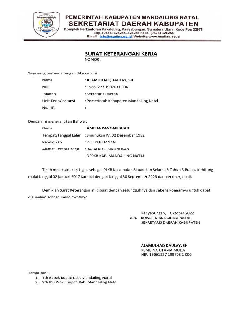 Surat Keterangan Kerja Setda Kap | PDF