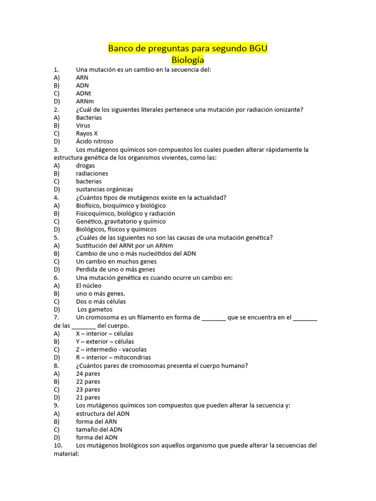 Banco de Preguntas para Segundo BGU | PDF | Mutación | Gene