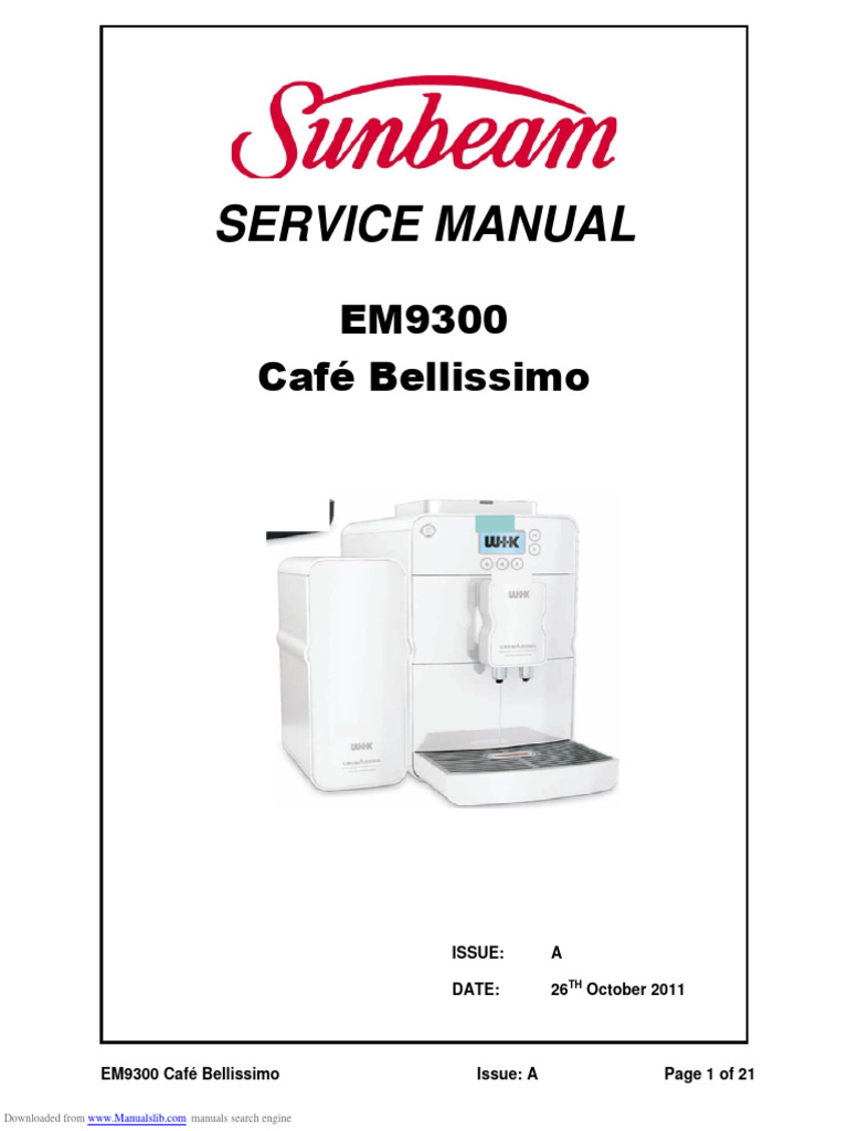 Sunbeam Caffe Bellissimo Em9300 Service Manual | PDF | Screw ...