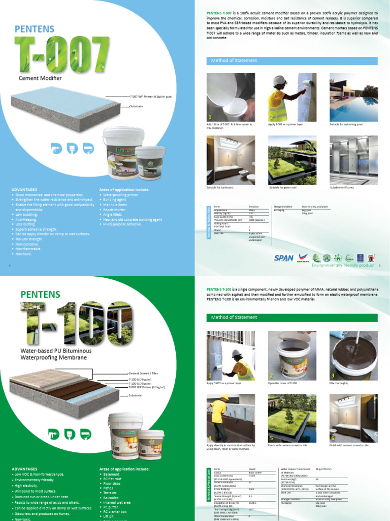 Pentens T-007 & T-100 Waterproofing Guide | PDF | Concrete | Adhesive