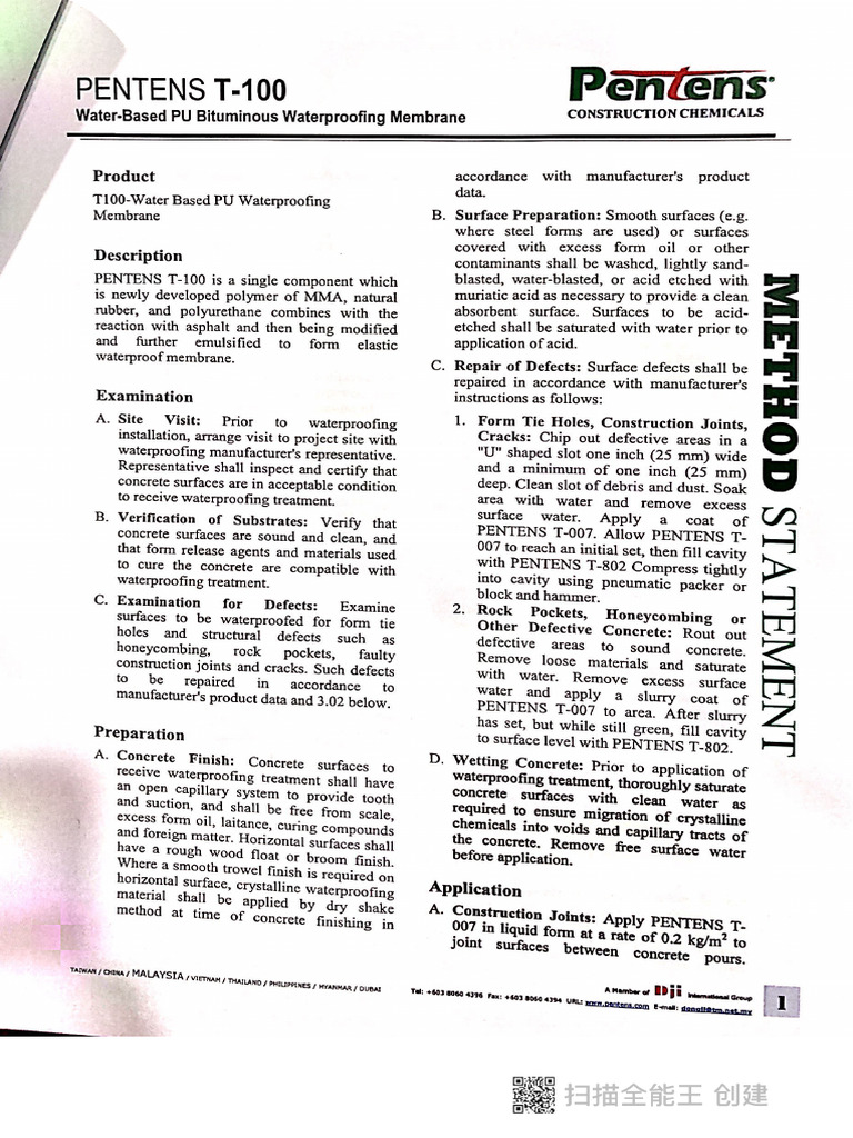 03 Pentens Method Statement & Test Report | PDF