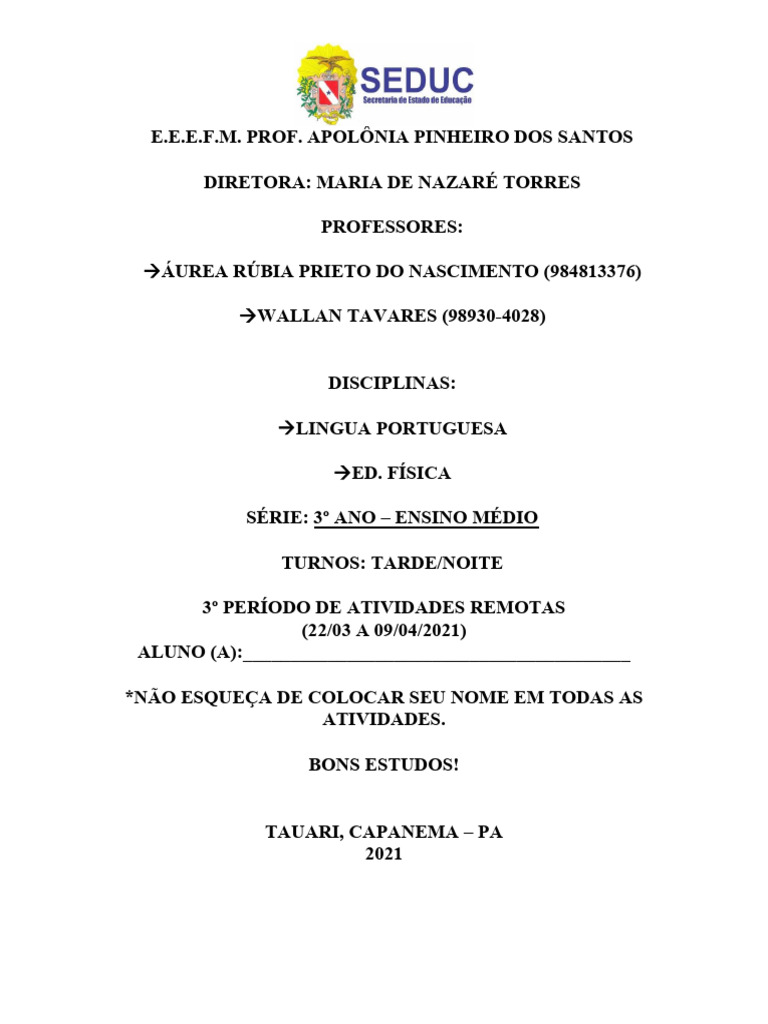 3º Médio 3º Per. Port. Ed. Fís. | PDF | Ginástica | Adjetivo