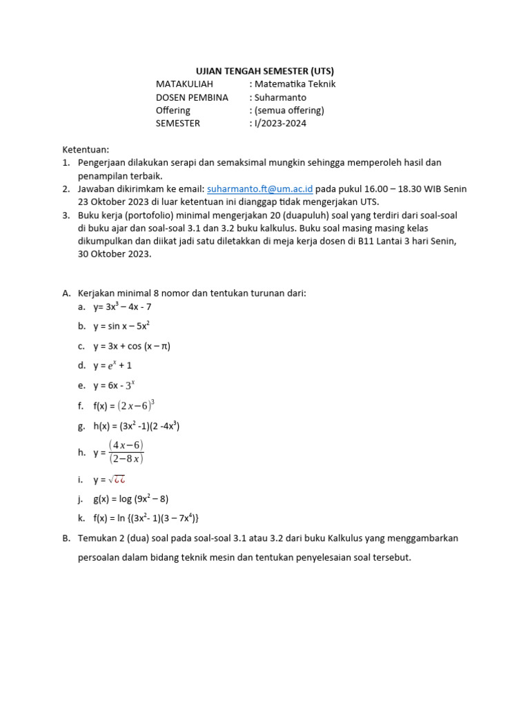 UTS Matematika Teknik 1 2022-2023 | PDF
