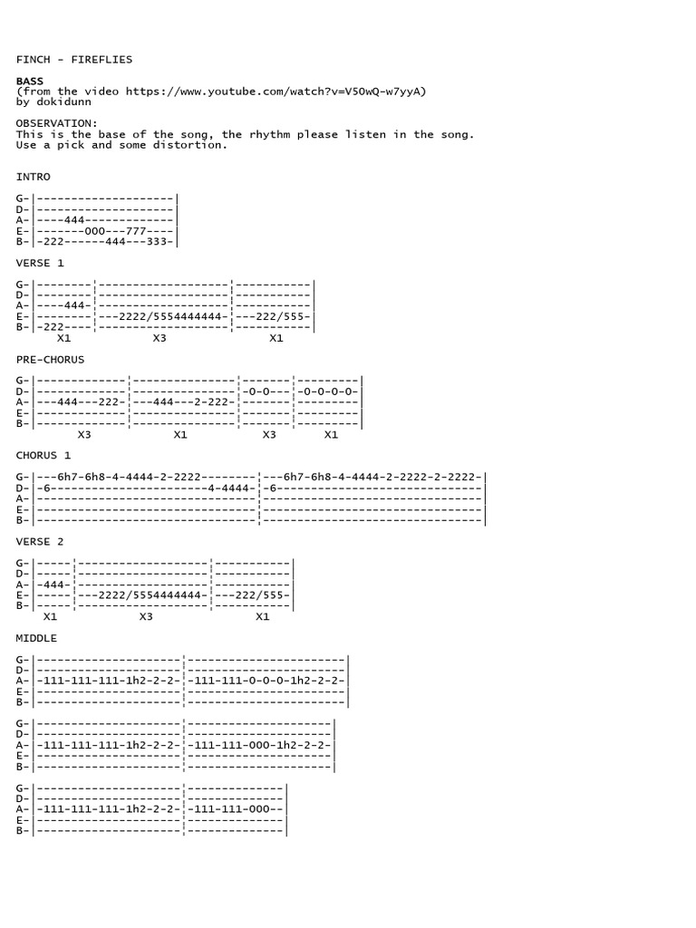 Finch - Fireflies (Bass Tab) | PDF