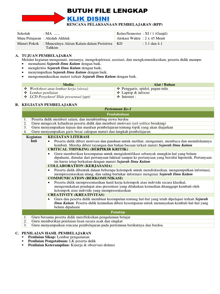 RPP Aqidah Akhlak Ma Sesuai Kma 183 Kelas 11 | PDF