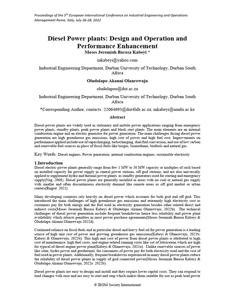 Diesel Power Plants Design and Operation and Performance Enhancement ...