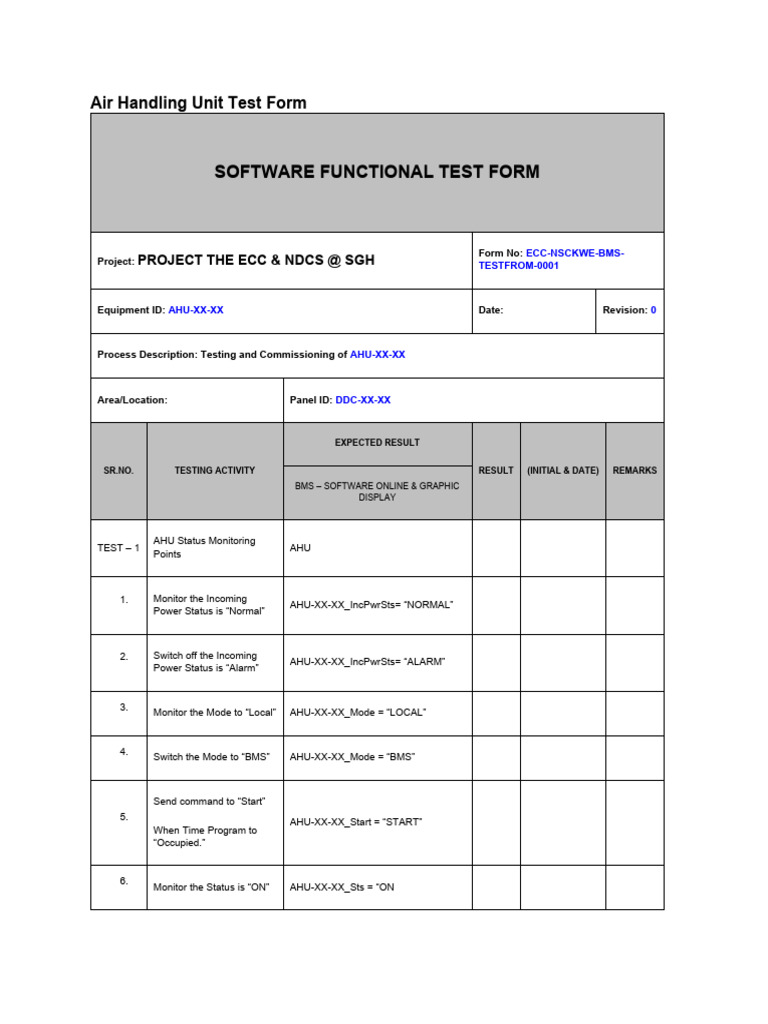 AHU Software Functional Test Form | PDF