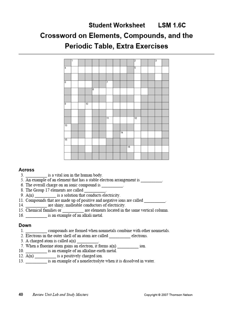 1.6C Crossword On Elements, Compounds, and The Periodic Table, Extra ...