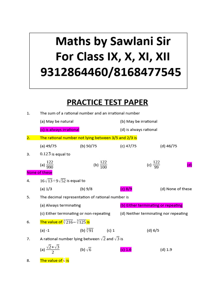 Practice Test Paper With Doubts Marked | PDF | Cartesian Coordinate ...