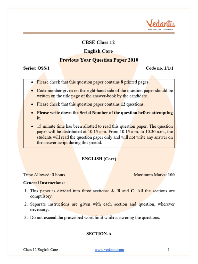 Cbse Class 12 English Core Question Paper 2010 | PDF | Virus | Common Cold