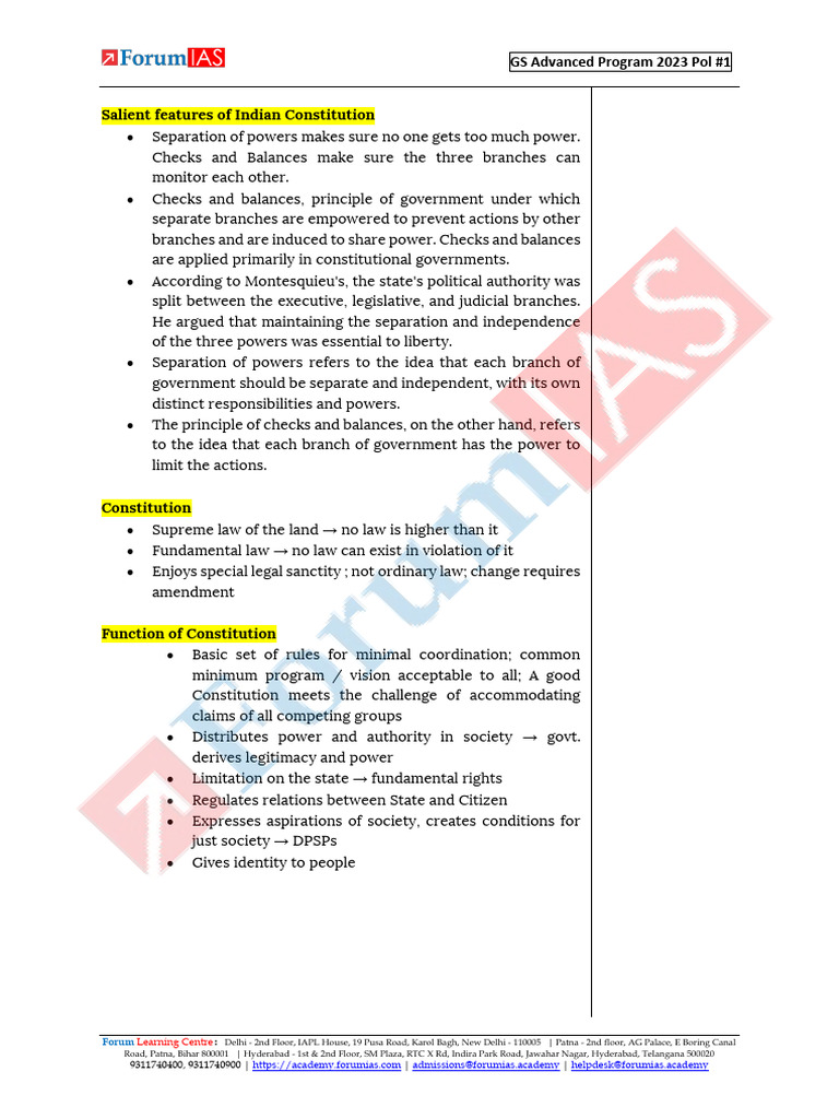 GSAP Pol Handout 1 | PDF | Separation Of Powers | Constitution