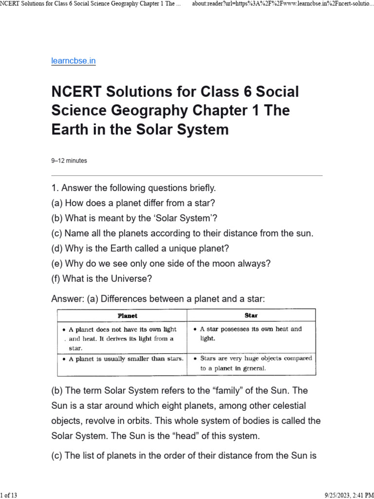 NCERT Class 6 Geography: The Earth in Solar System | PDF | Planets ...