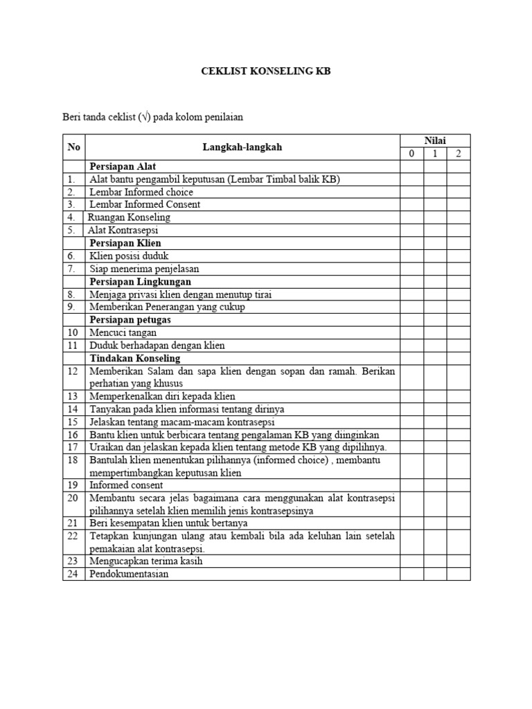 Ceklist Konseling Keluarga Berencana | PDF