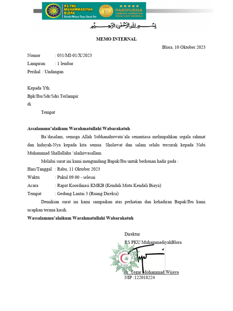 031-2023.MEMO INTERNAL - Undangan Rapat KMKB | PDF