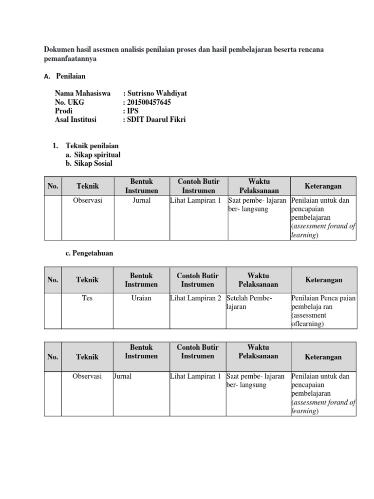 Dokumen Asesmen Analisis Penilaian Proses Dan Hasil Pembelajaran PPL Ke ...