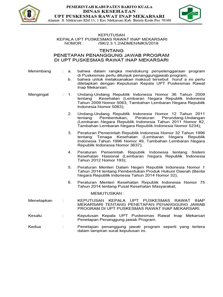 2.3.1.2 SK KPL PKM TTG Penanggung Jawab Program Revisi | PDF