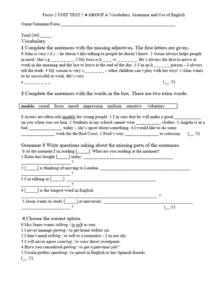 Focus 2 UNIT TEST 1 | Download Free PDF | Clothing