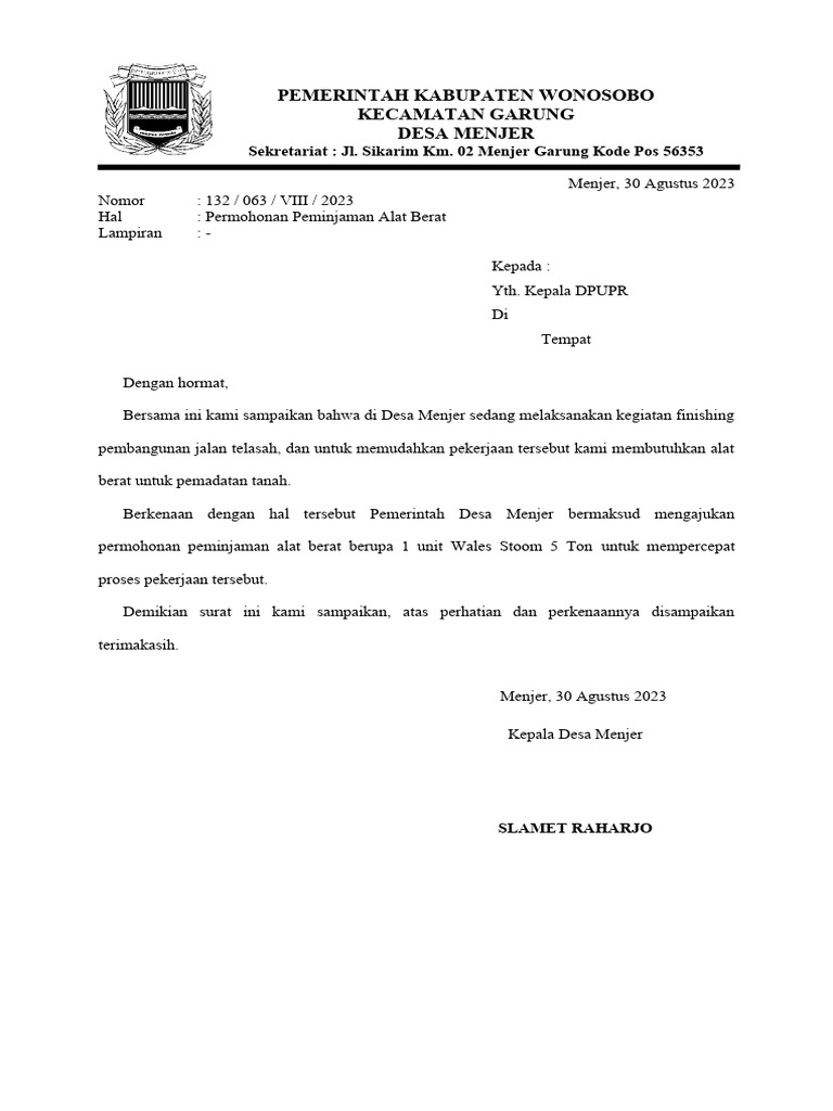 Surat Peminjaman Alat Berat | PDF