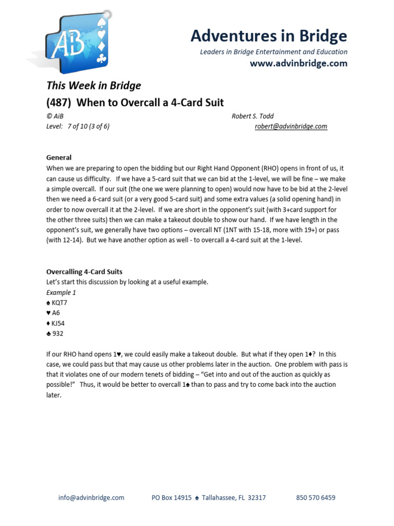 3+ (487) +When+to+Overcall+a+4 Card+Suit | PDF | Contract Bridge | Card ...