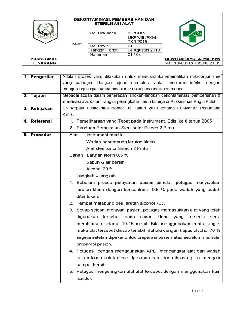 SOP Dekontaminasi, Pembersihan Dan Sterilisasi Alat | PDF