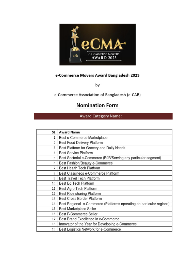 eCMA Award 2023 Nomination Form | PDF | E Commerce | Retail