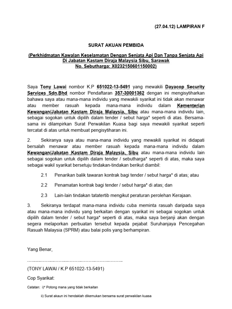 Surat Akuan Pembida (L. F&G) Dayacop | PDF