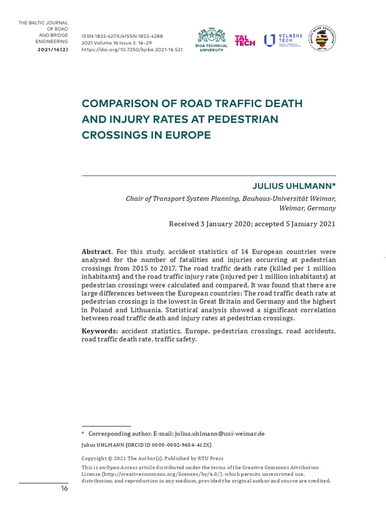 Comparison of Road Traffic Death and Injury Rates at Pedestrian ...