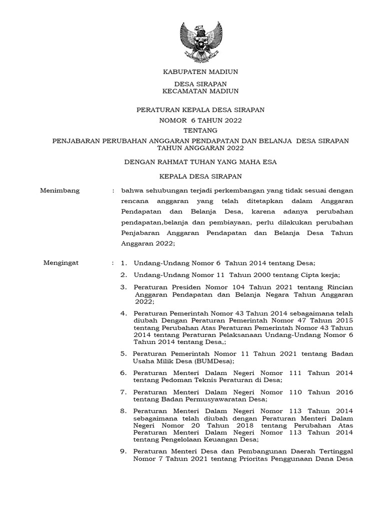 PERKADES PERUB. APBDes 2022 | PDF | Pengelolaan Keuangan & Uang