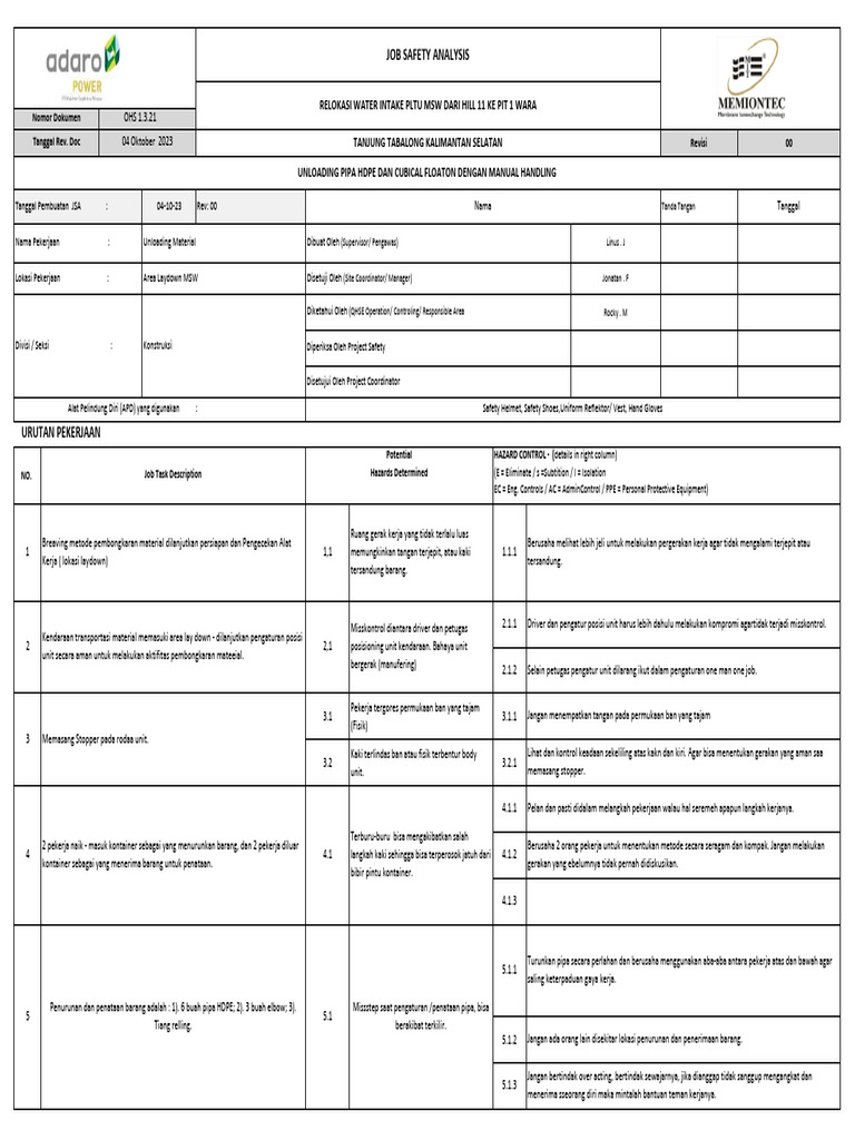 JSA Unloading Pipa HDPE Dan Cubical Floaton | PDF