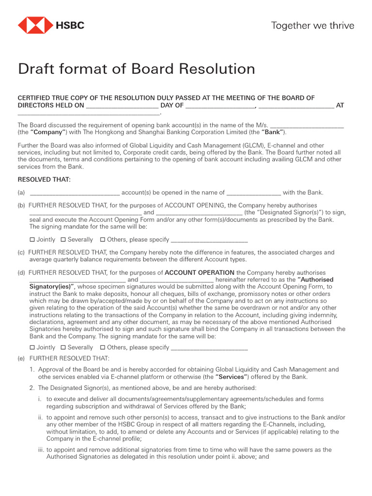 Board Resolution for Bank Account Opening | PDF | Banks | Credit Card