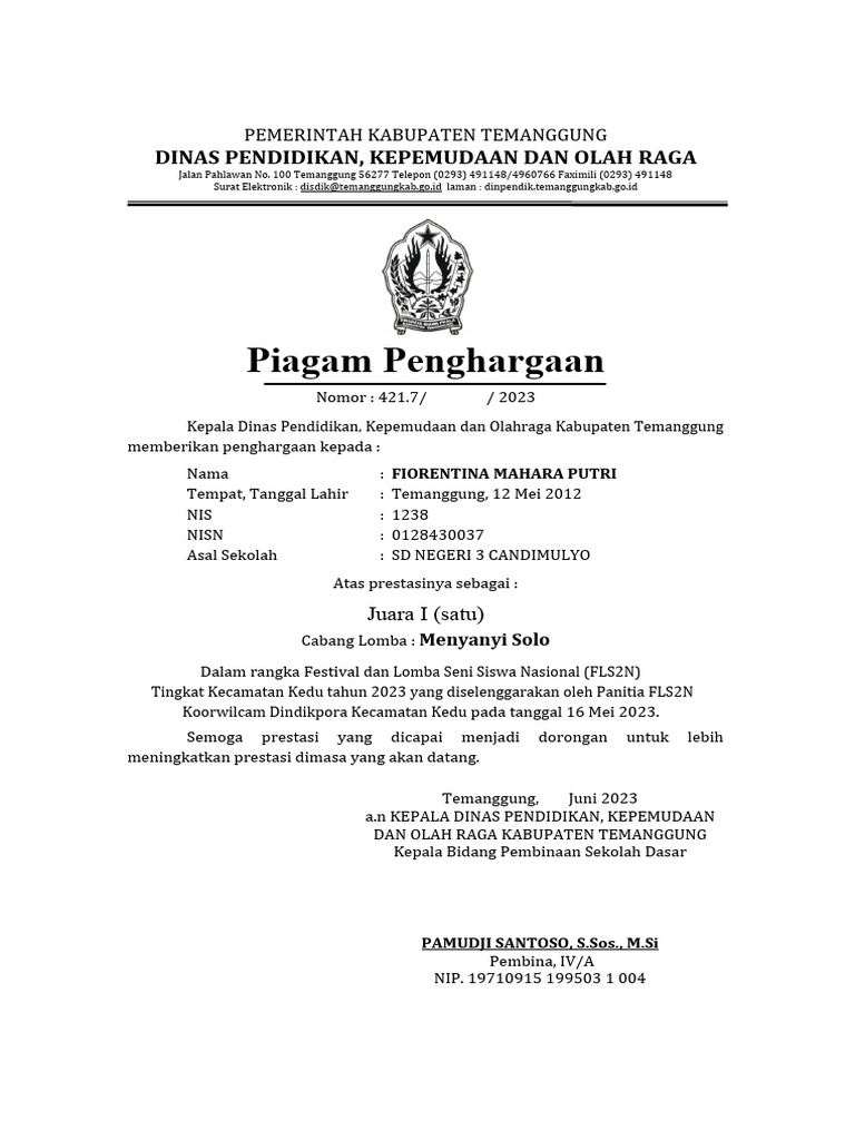 Piagam Penghargaan FLS2N 2023 | PDF