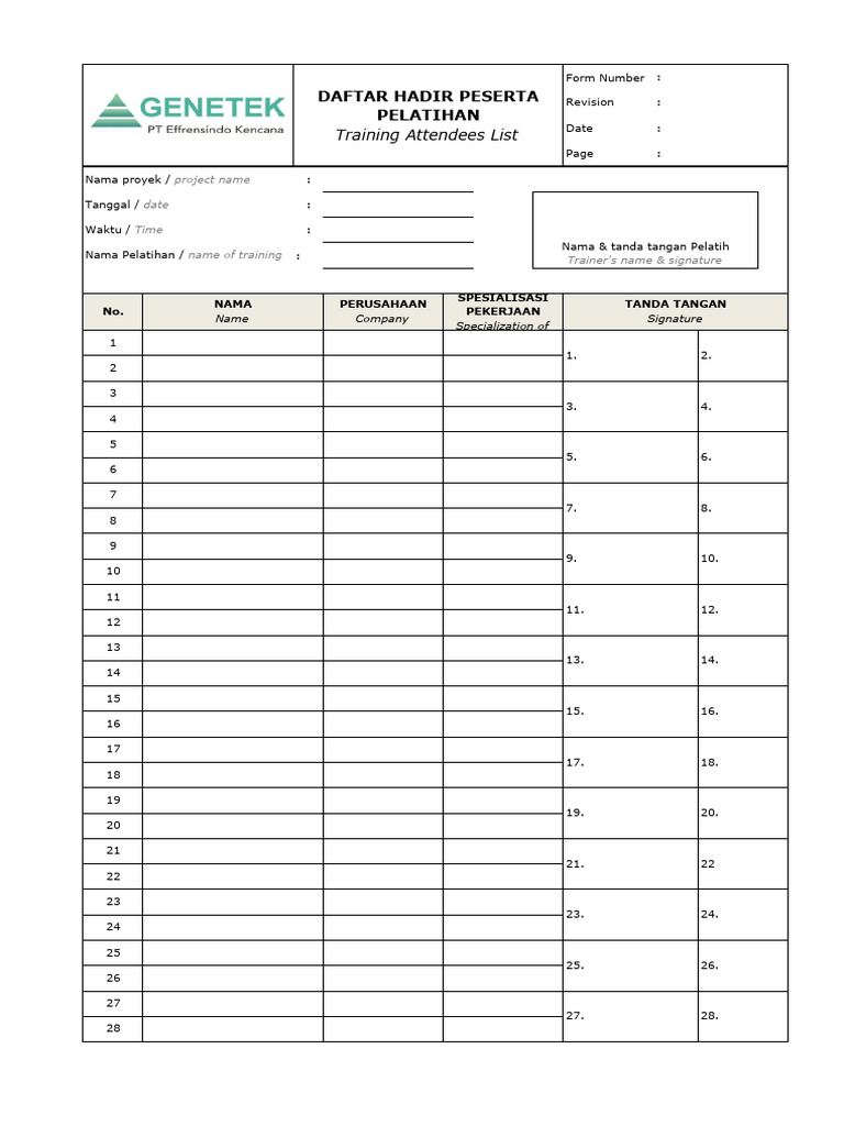 Form Daftar Hadir Peserta Pelatihan | PDF