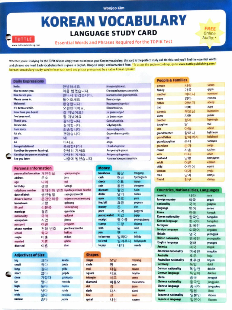 Korean Vocabulary Language Study Card | PDF | Cultural Assimilation ...