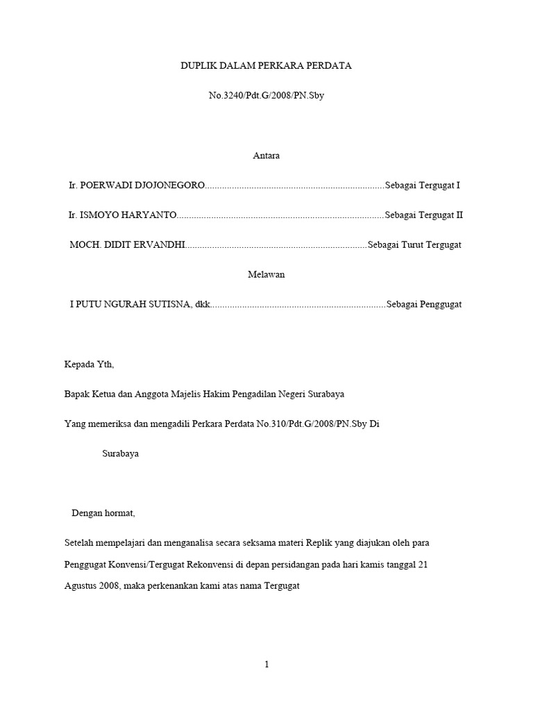 Duplik Rekonvensi Perdata Surabaya | PDF