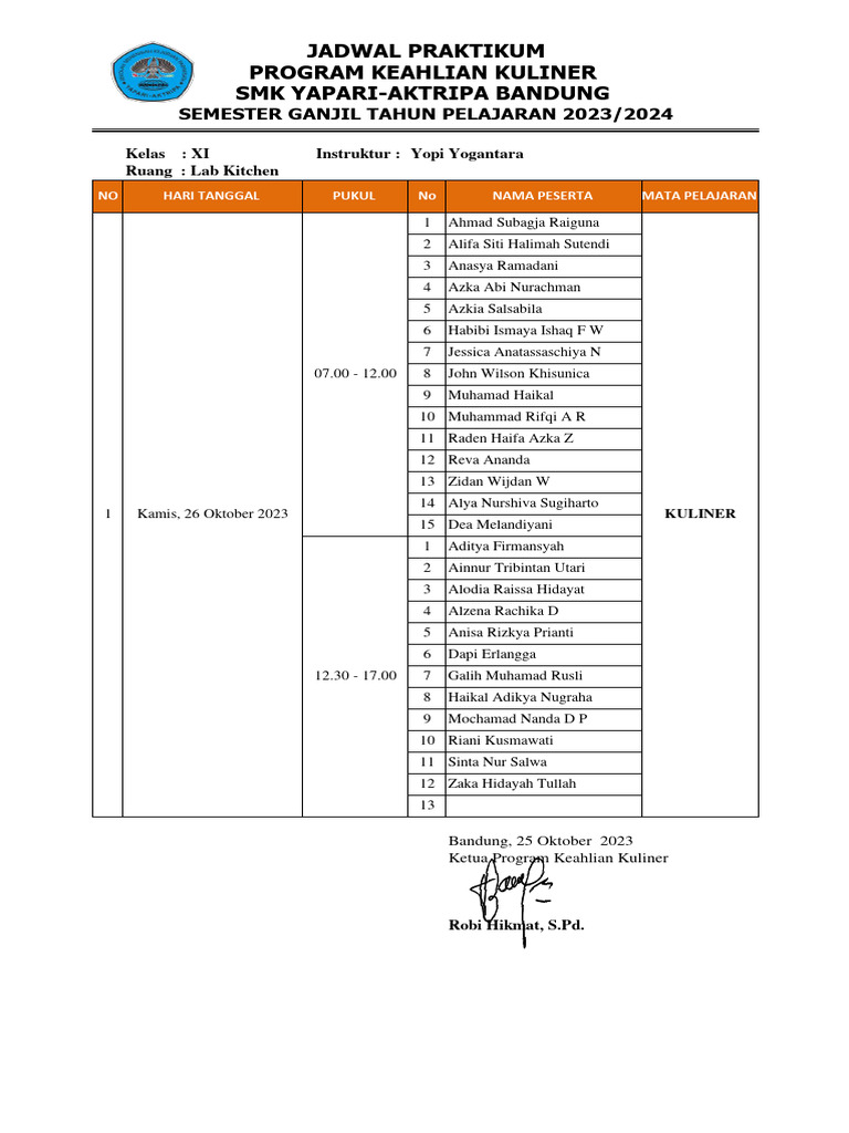 Jadwal Praktikum Xi Kuliner 26 27 Okt | PDF