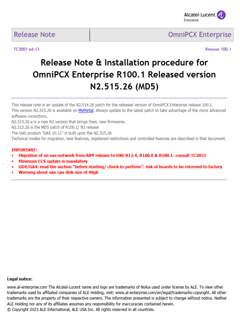 TC3001en-Ed13 Release Note and Installation Procedure OmniPCX ...