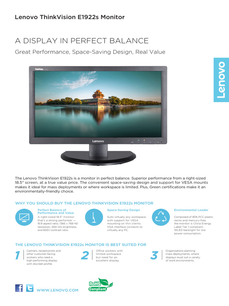 ThinkVision E1922s Datasheet EN | PDF | Intel | Computer Monitor